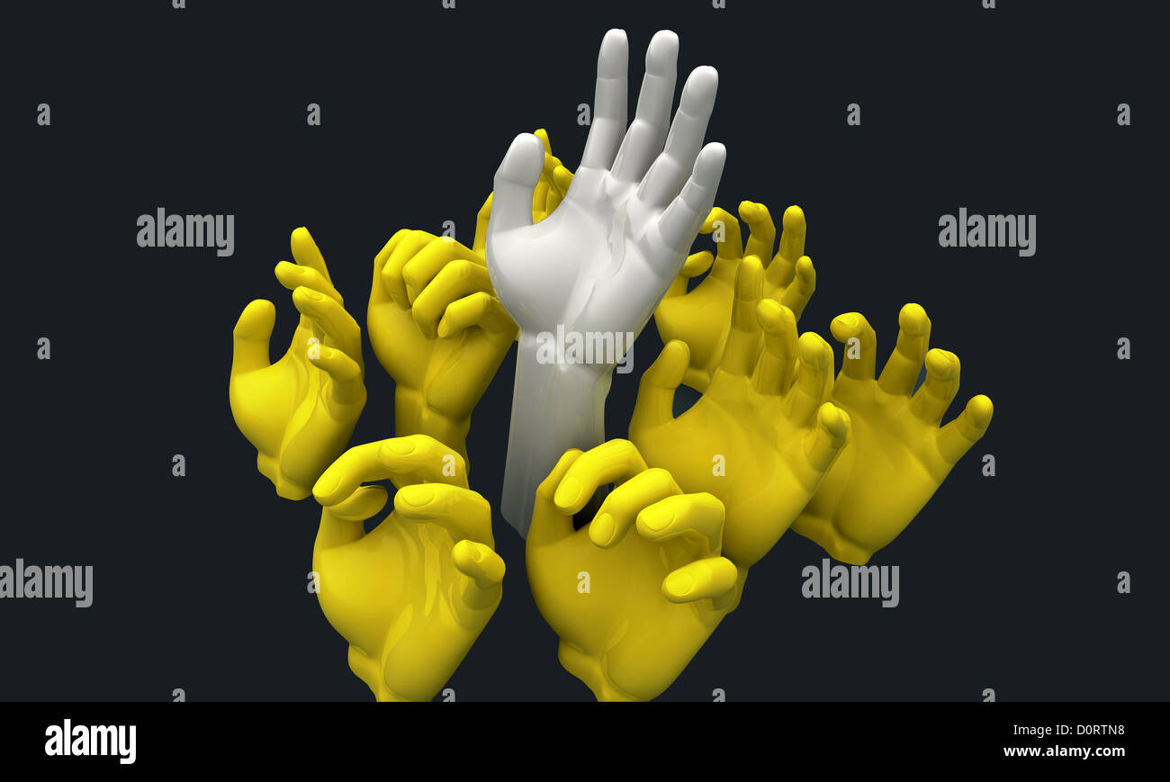A group of 3D yellow hands reaching skyward with a white one reaching ...