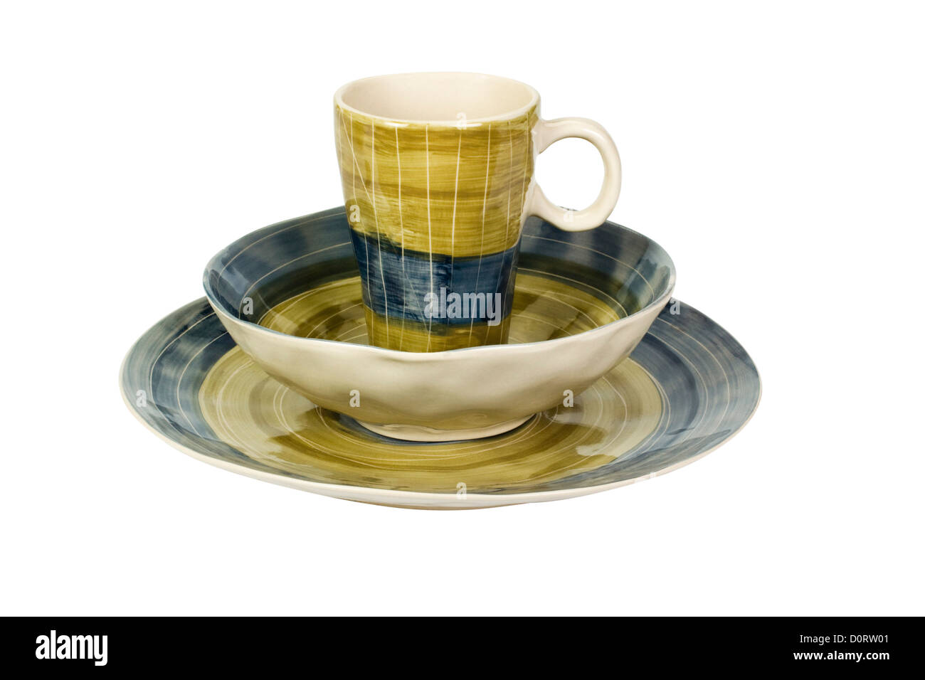 Close-up of a ceramic bowl with a cup and a plate Stock Photo - Alamy