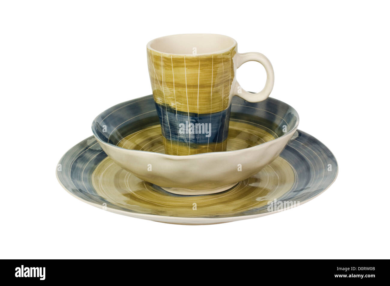 Close-up of a ceramic bowl with a cup and a plate Stock Photo - Alamy