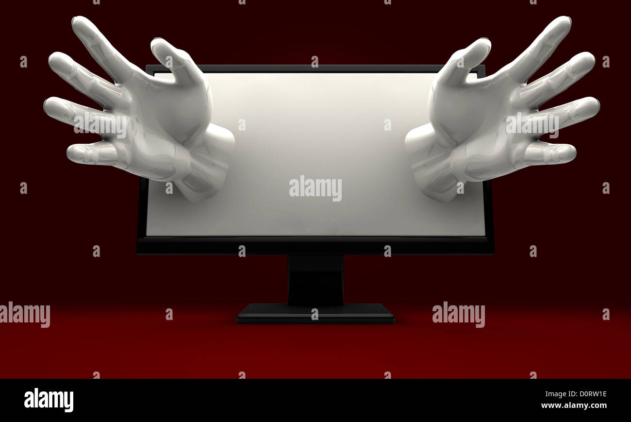 A pair of hands reaching out from a lcd computer monitor encroaching on ...