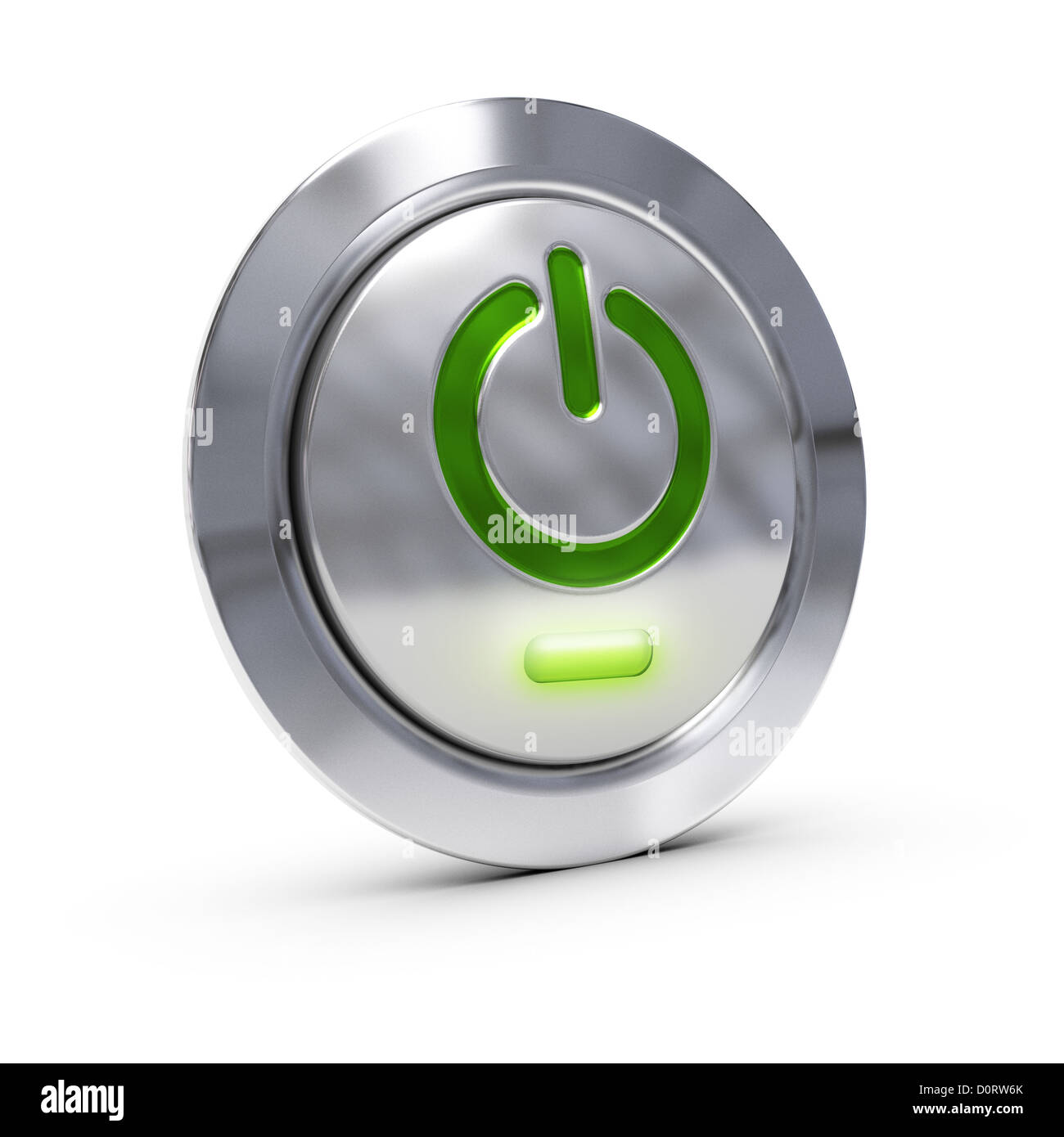 on off pc button with green symbol and led over white background Stock ...