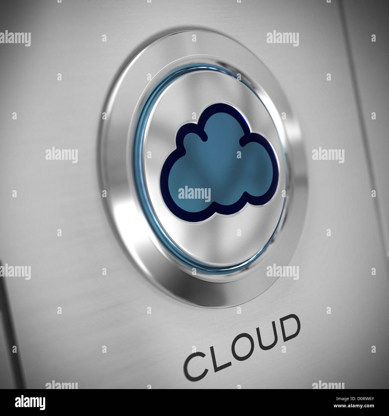 button with a cloud symbol in the center, metal background, blue color ...