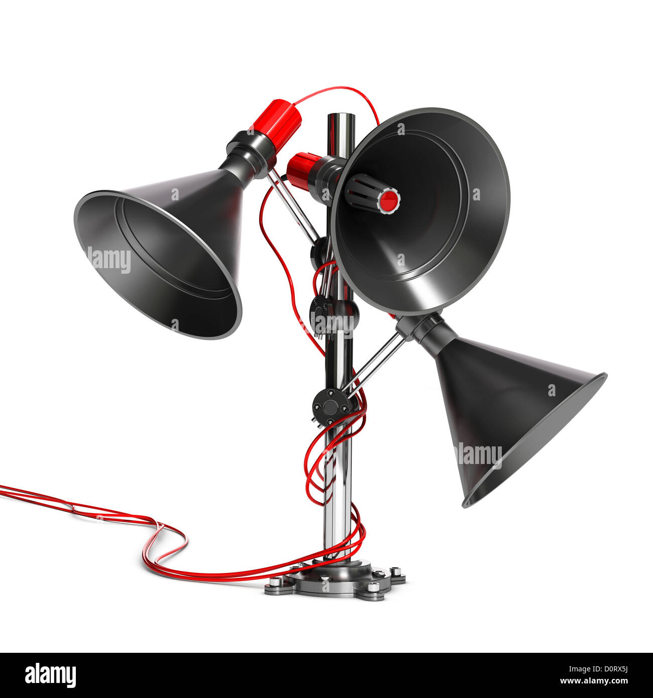 three megaphones fixed onto a metallic pole. Earch one are positioned ...