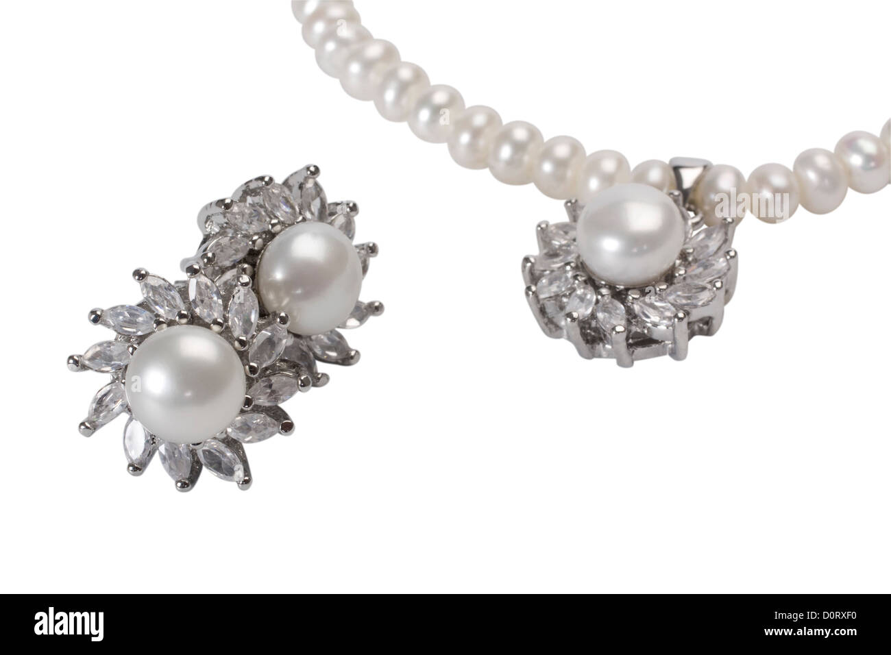 Close-up of pearl earrings with a pearl necklace Stock Photo - Alamy