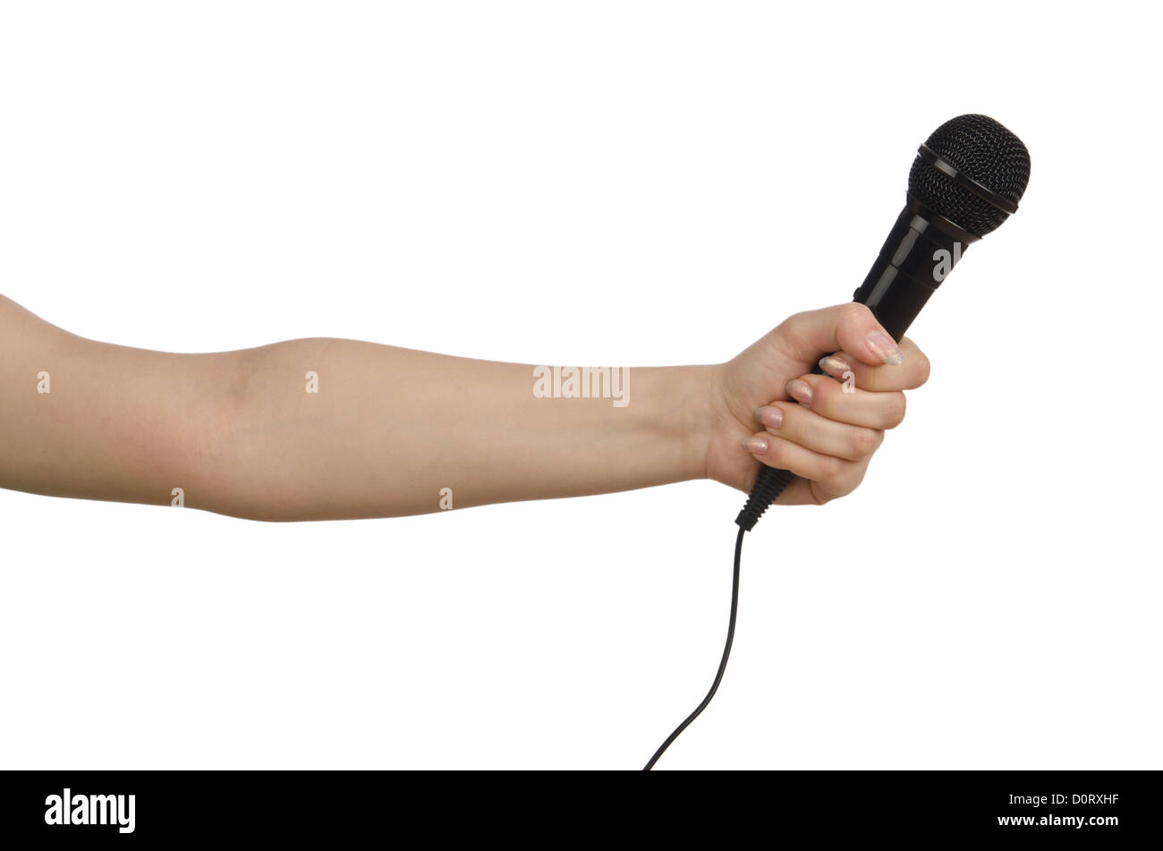 Hand with microphone on white Stock Photo - Alamy