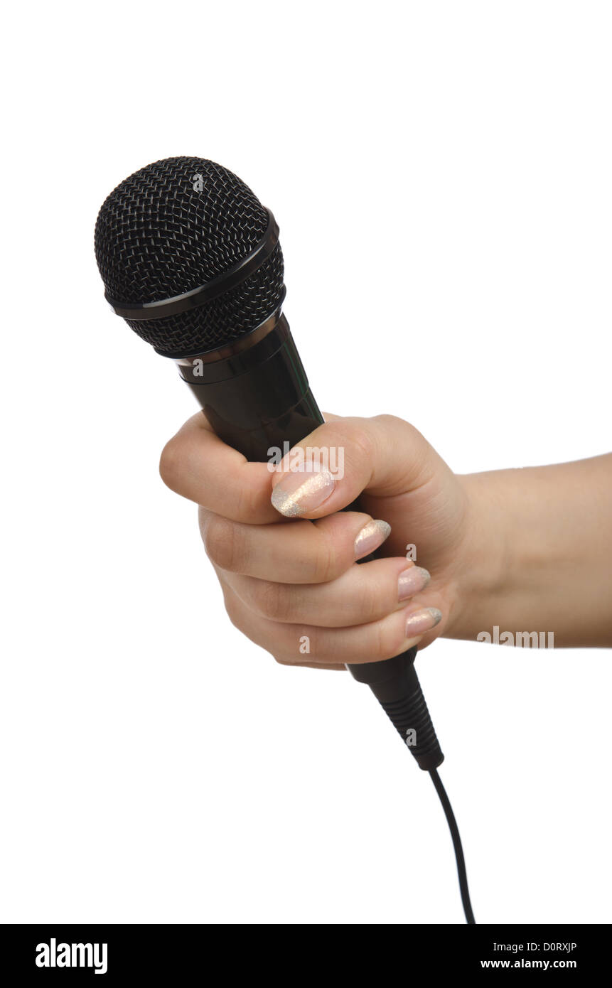Hand with microphone on white Stock Photo - Alamy