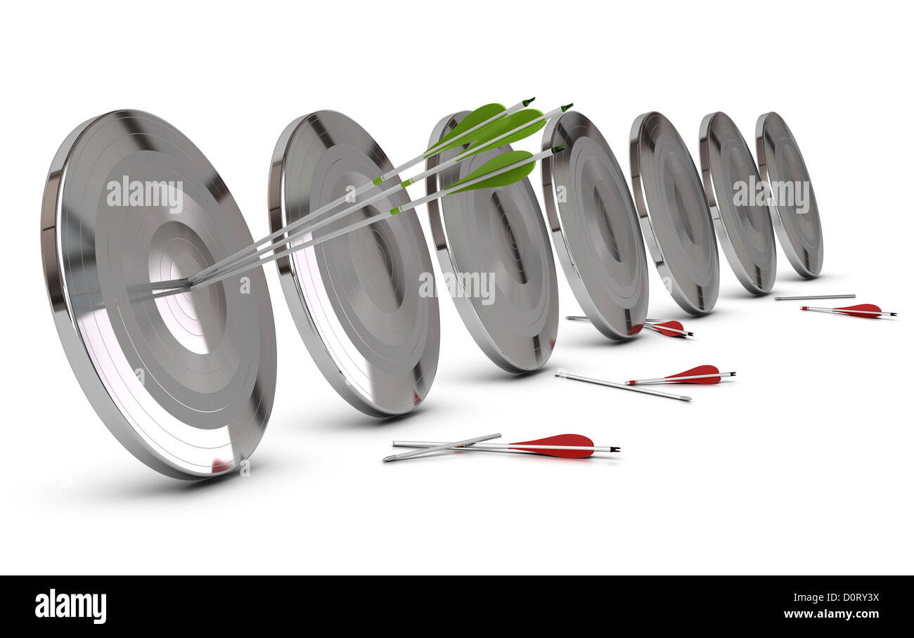 many metallic targets and three green arrows hitting the center of the ...