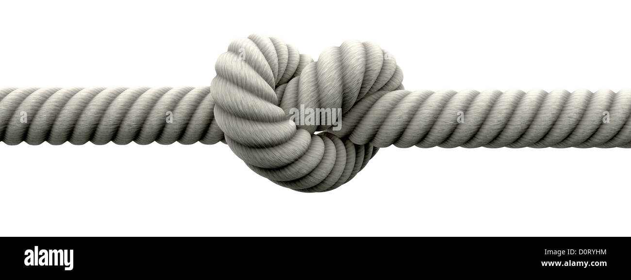 A coarse rope with a knot tied in the middle on an isolated background ...
