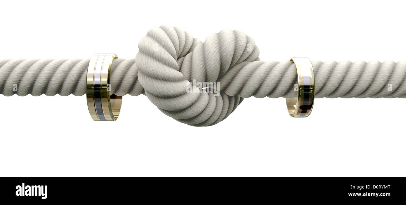 A coarse rope with a knot tied in the middle on an isolated background ...