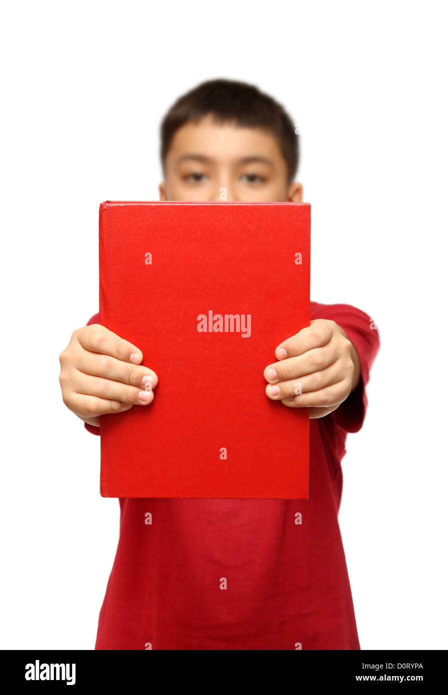 asian boy showing big red book Stock Photo - Alamy