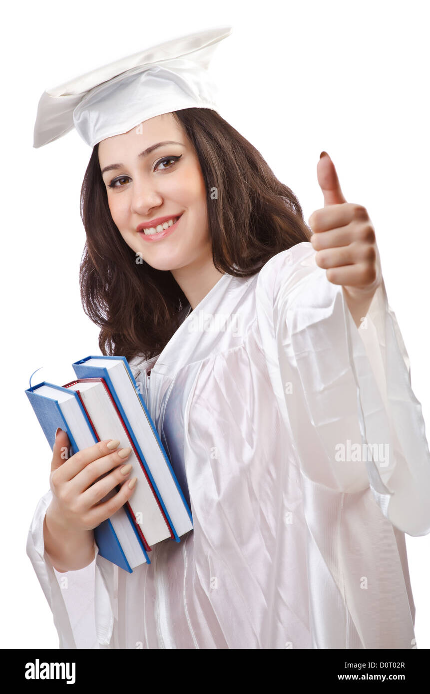 Happy graduate on white background Stock Photo - Alamy