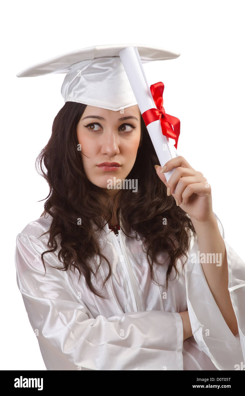 Happy graduate on white background Stock Photo - Alamy