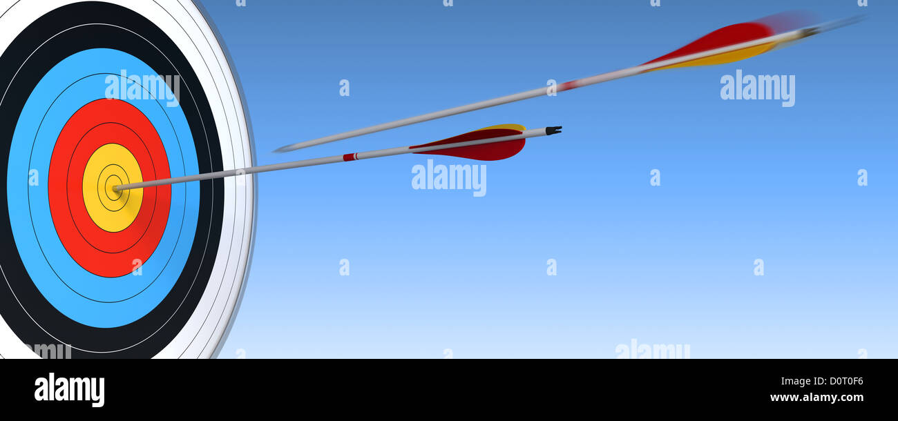 archery, target and arrow over blue sky background with one arrow in ...