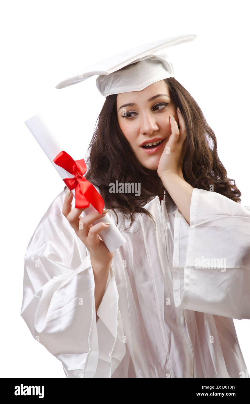 Happy graduate on white background Stock Photo - Alamy