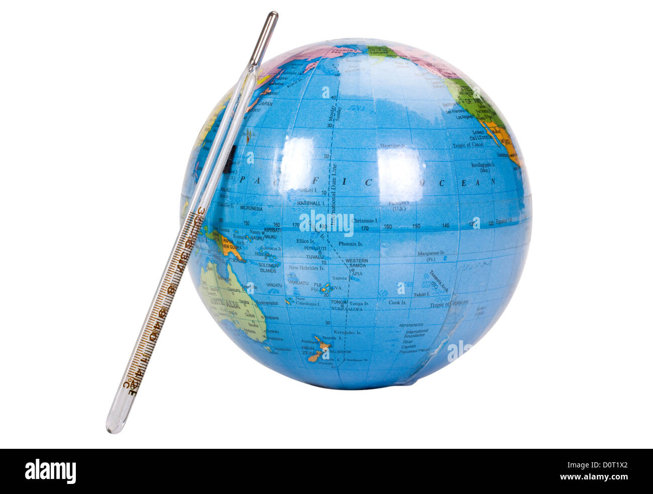 Close-up of a globe with a thermometer Stock Photo - Alamy