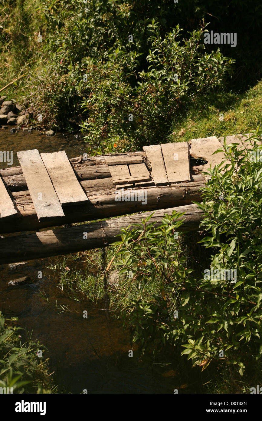 A small wooden footbridge made of logs and planks crosses a river on a ...