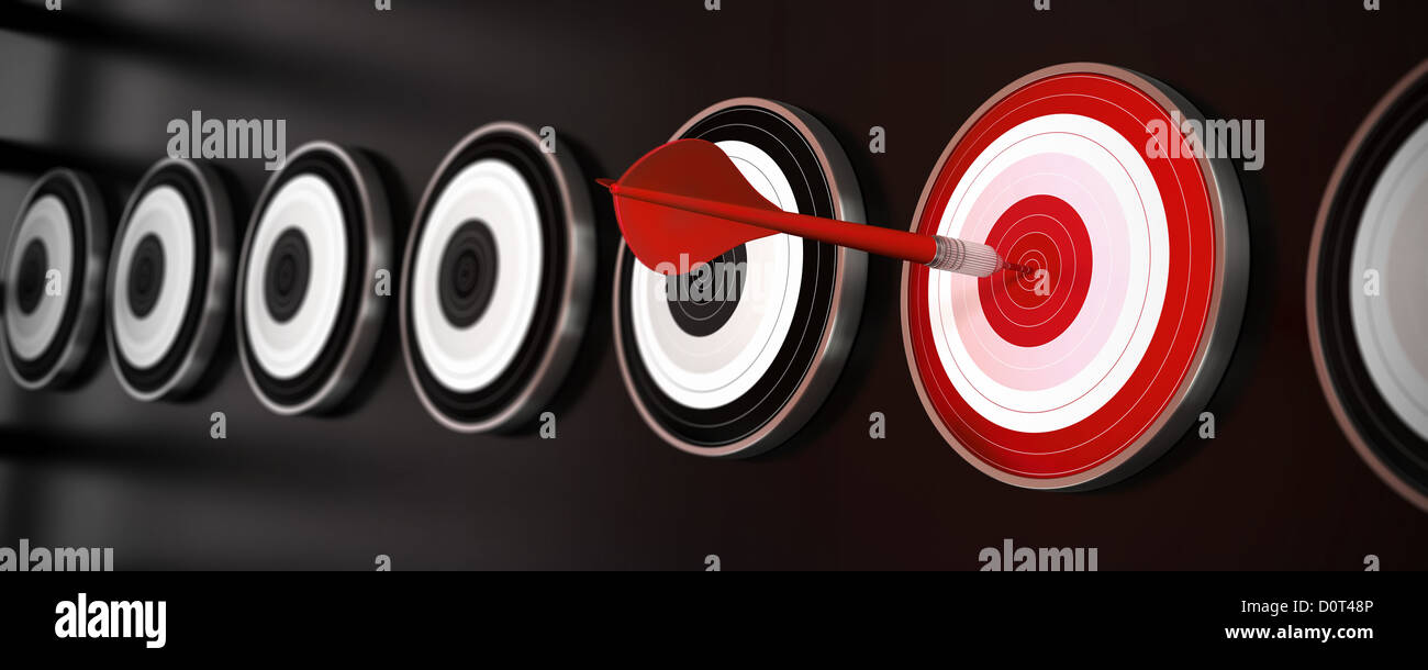 many targets over a black background with reflection, a red dart hit ...