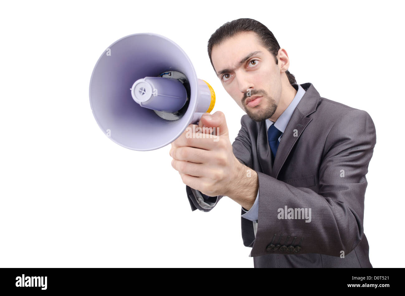 Man shouting and yelling with loudspeaker Stock Photo - Alamy