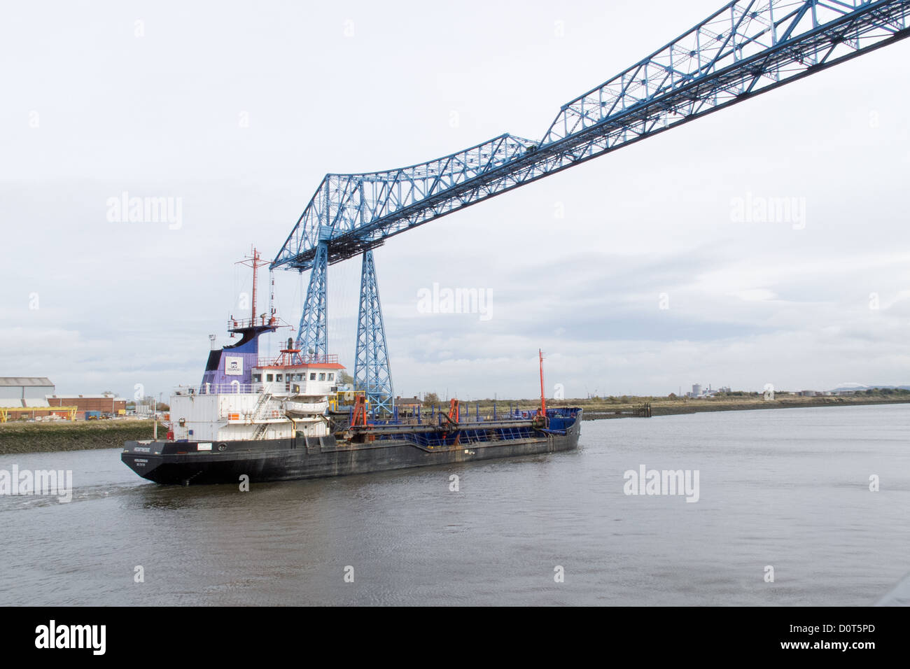 Middlesbrough Transporter Bridge and ship on the river Tees Stock Photo ...
