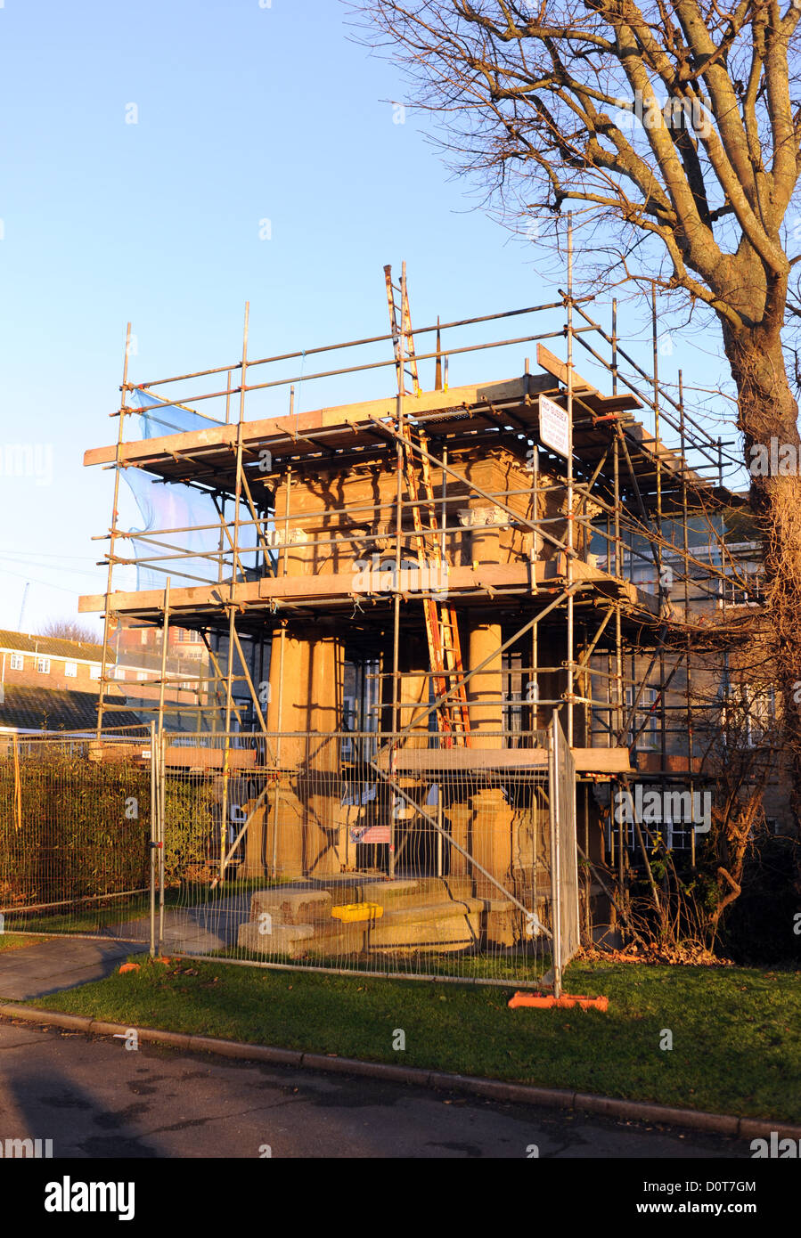 Refurbishment work on an old monument in Queens Park Brighton Stock ...