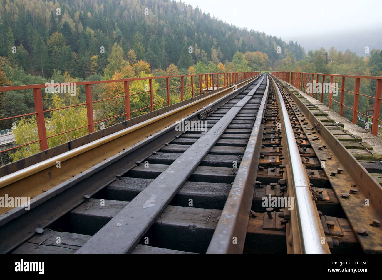 Railway on bridge across mountain river Stock Photo - Alamy