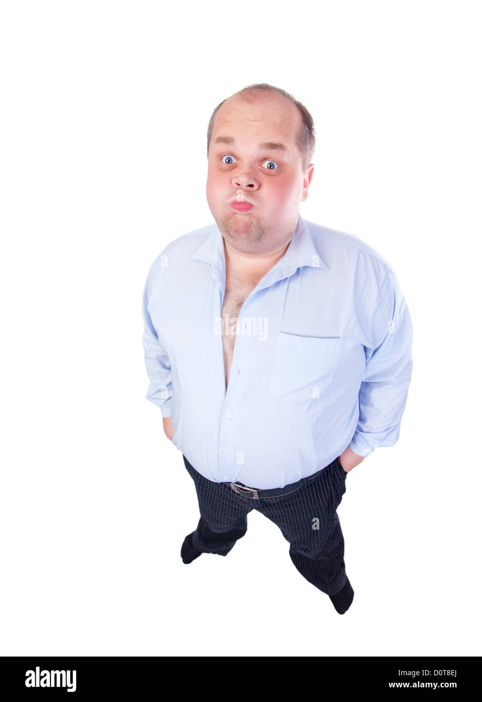 Fat Man in a Blue Shirt, Contorts Antics, wide-angle top view Stock ...