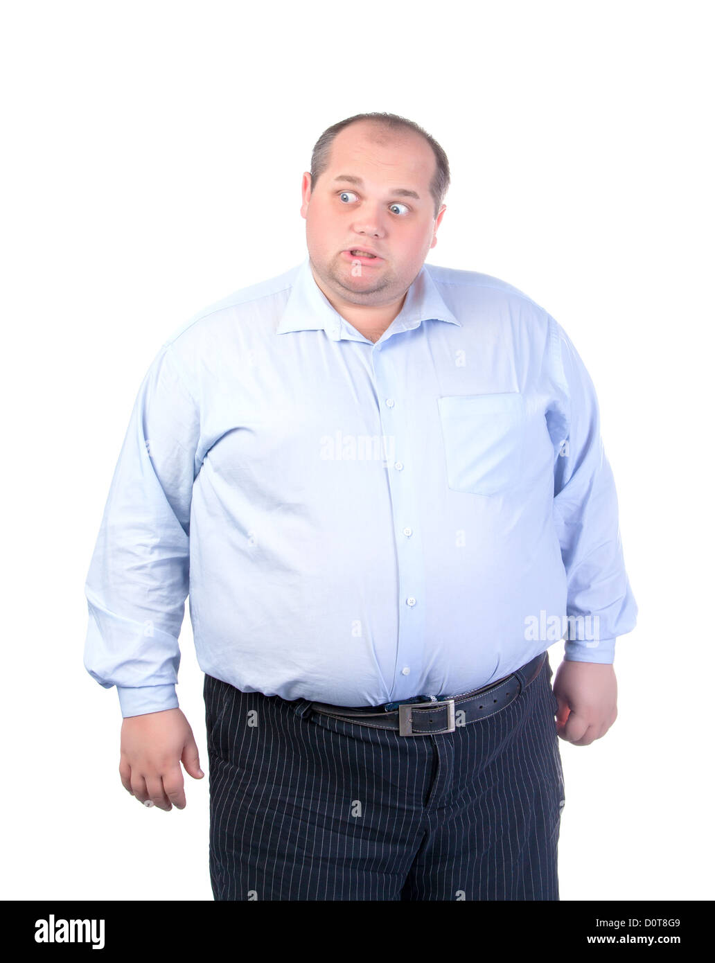 Fat Man in a Blue Shirt, Contorts Antics Stock Photo - Alamy