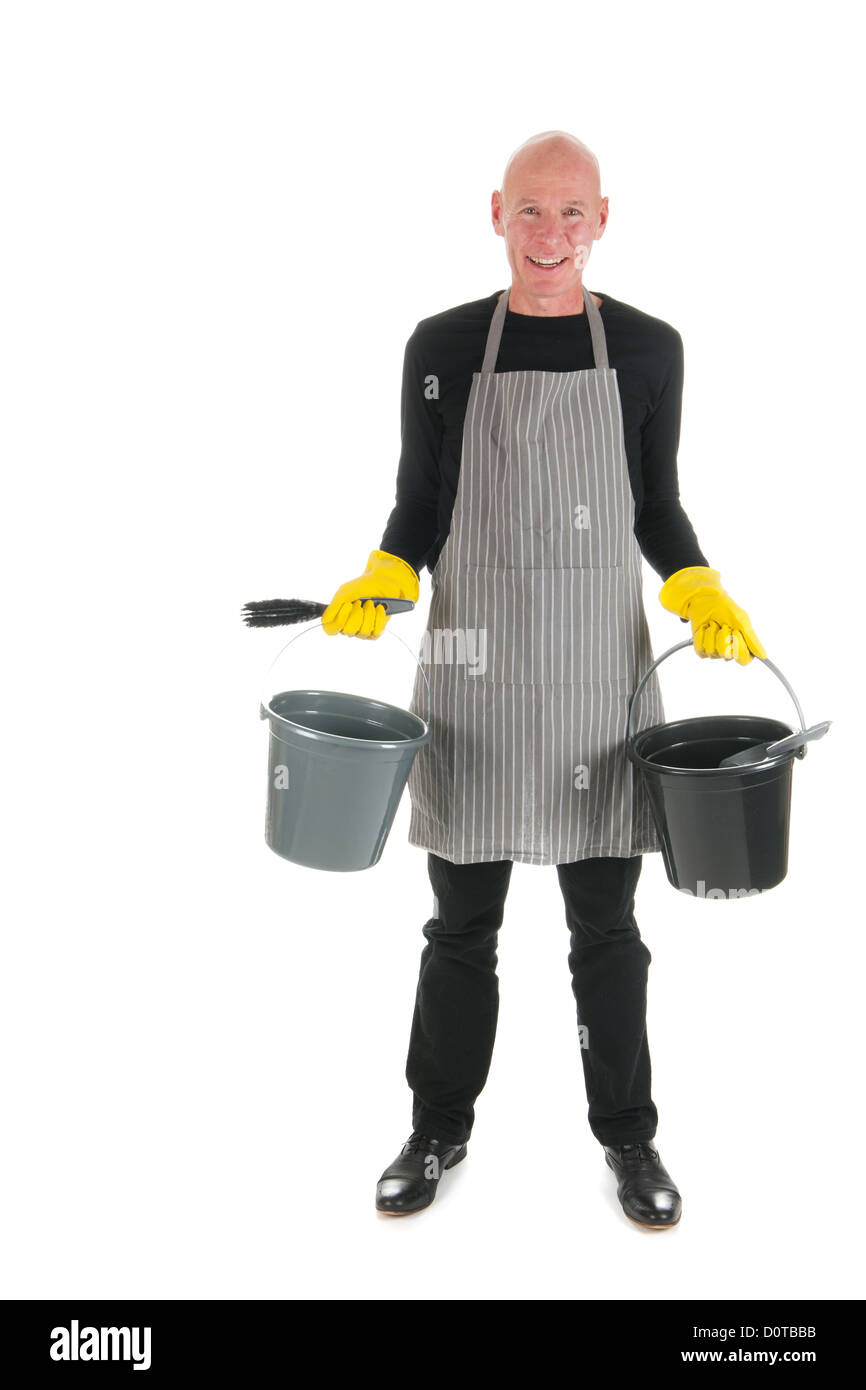Happy cleaner with bucket and dustpan and brush isolated over white ...