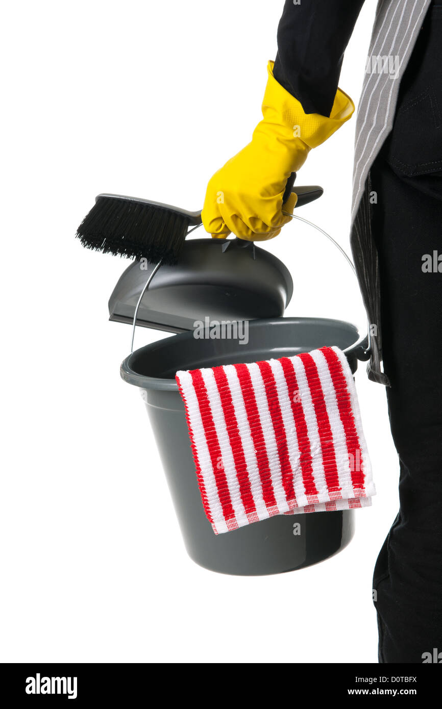 Detail of a cleaner with bucket and dustpan and brush Stock Photo - Alamy