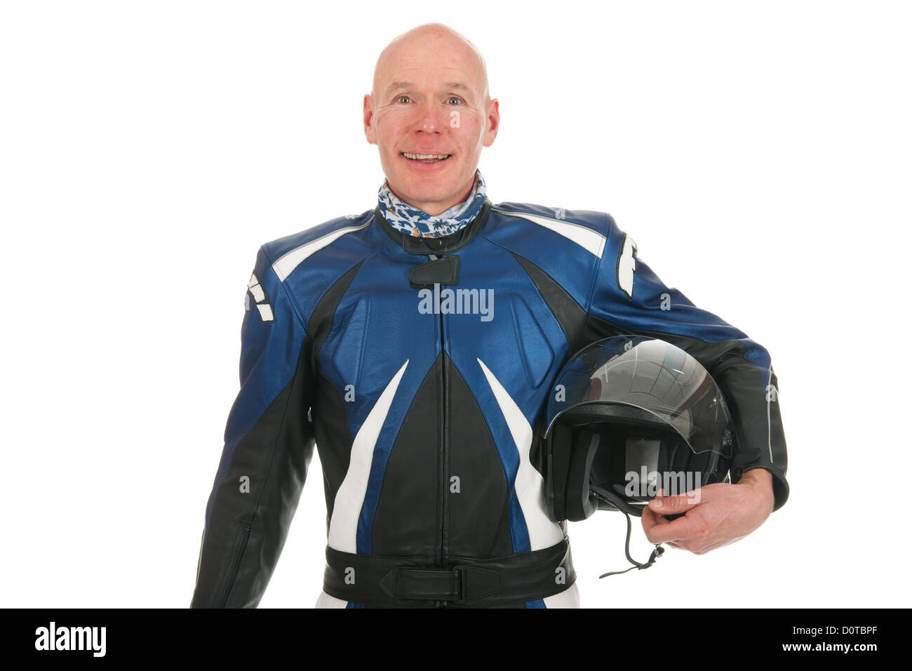 Detail motor biker in blue leather suit with black helmet Stock Photo ...