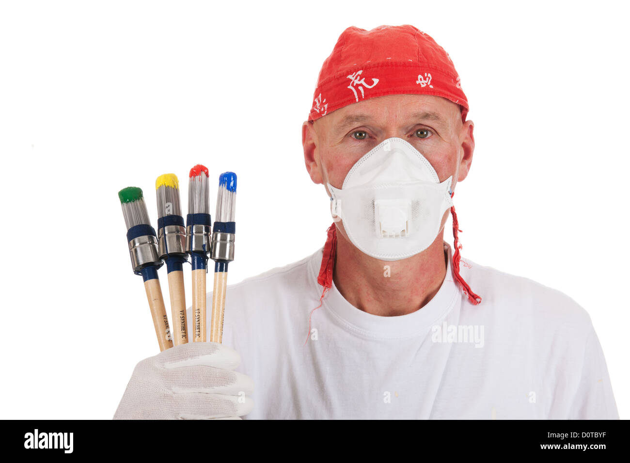 Painter with colorful paint brushes and safety mask for filtering Stock ...