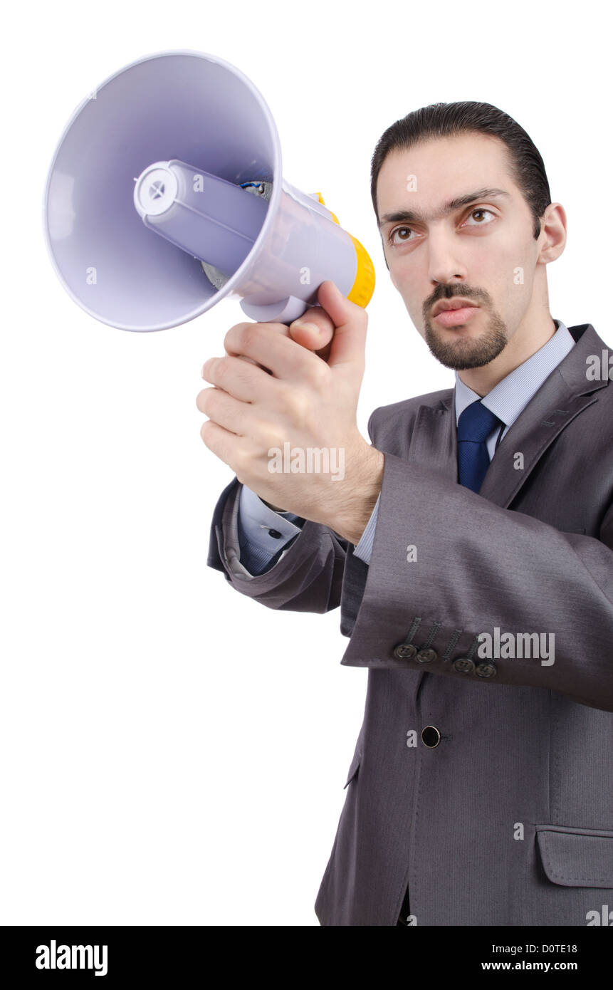 Man shouting and yelling with loudspeaker Stock Photo - Alamy