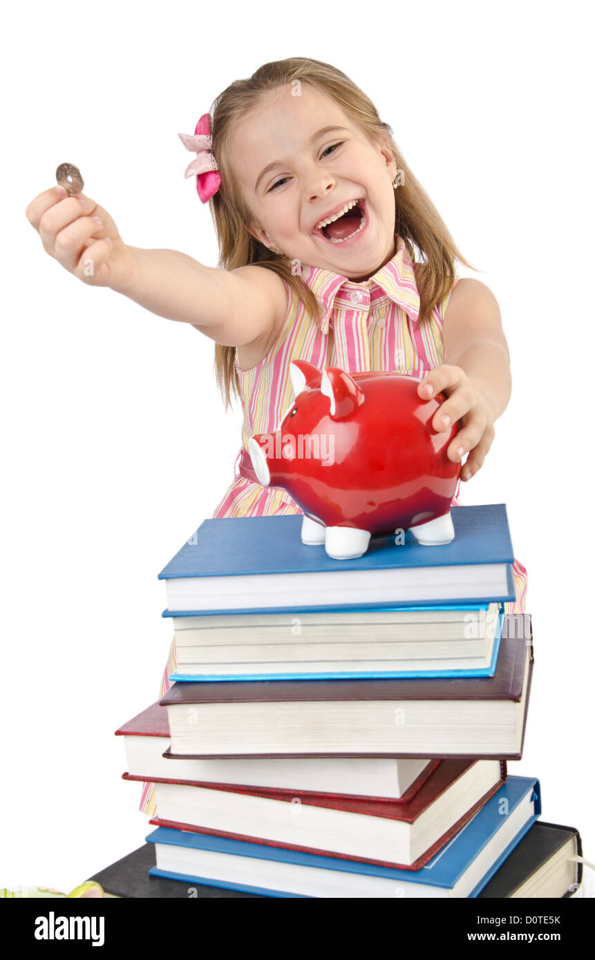 Little girl with books on white Stock Photo - Alamy