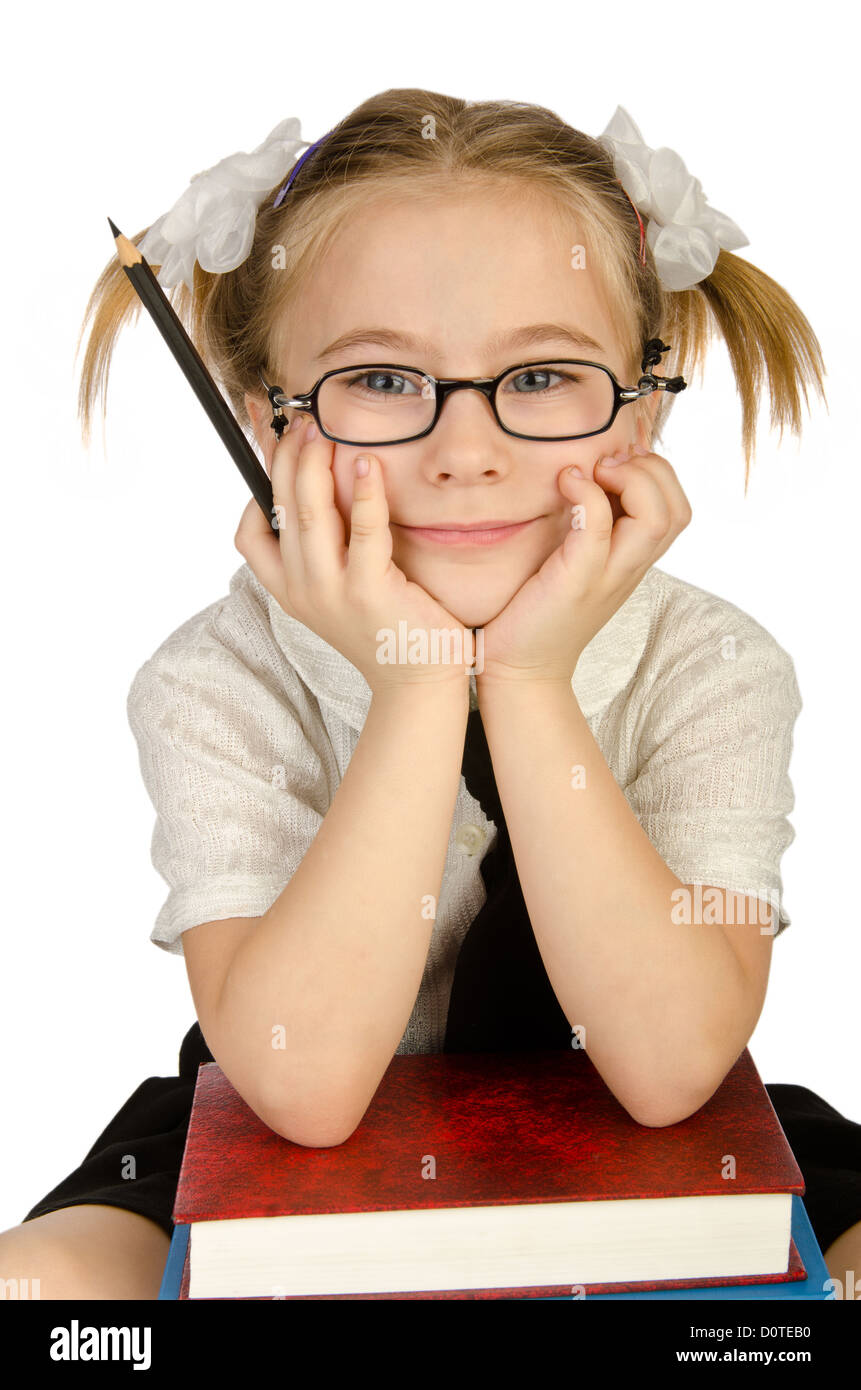 Little girl with books on white Stock Photo - Alamy