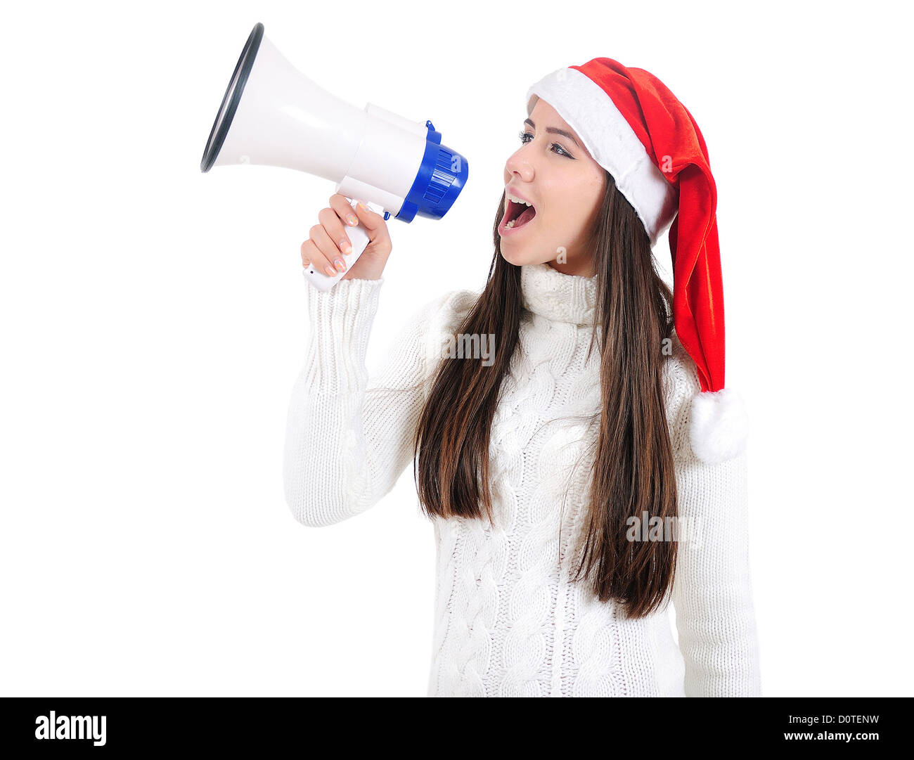Isolated Young Christmas Girl With Loudspeaker Stock Photo - Alamy