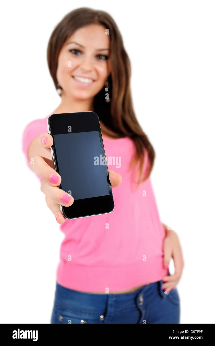Isolated young casual woman showing phone Stock Photo - Alamy