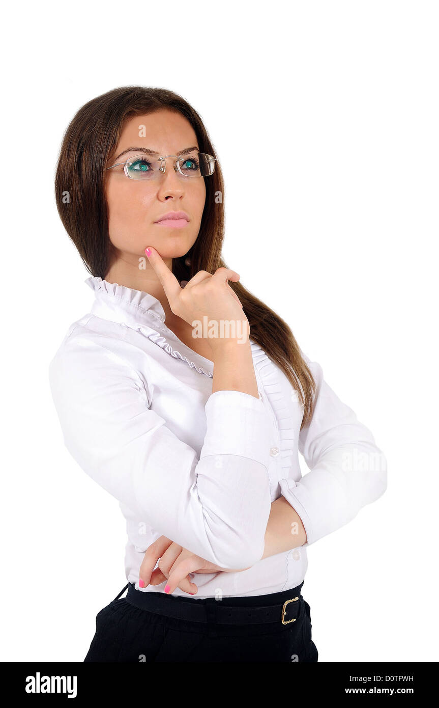 Isolated young business woman thinking Stock Photo - Alamy
