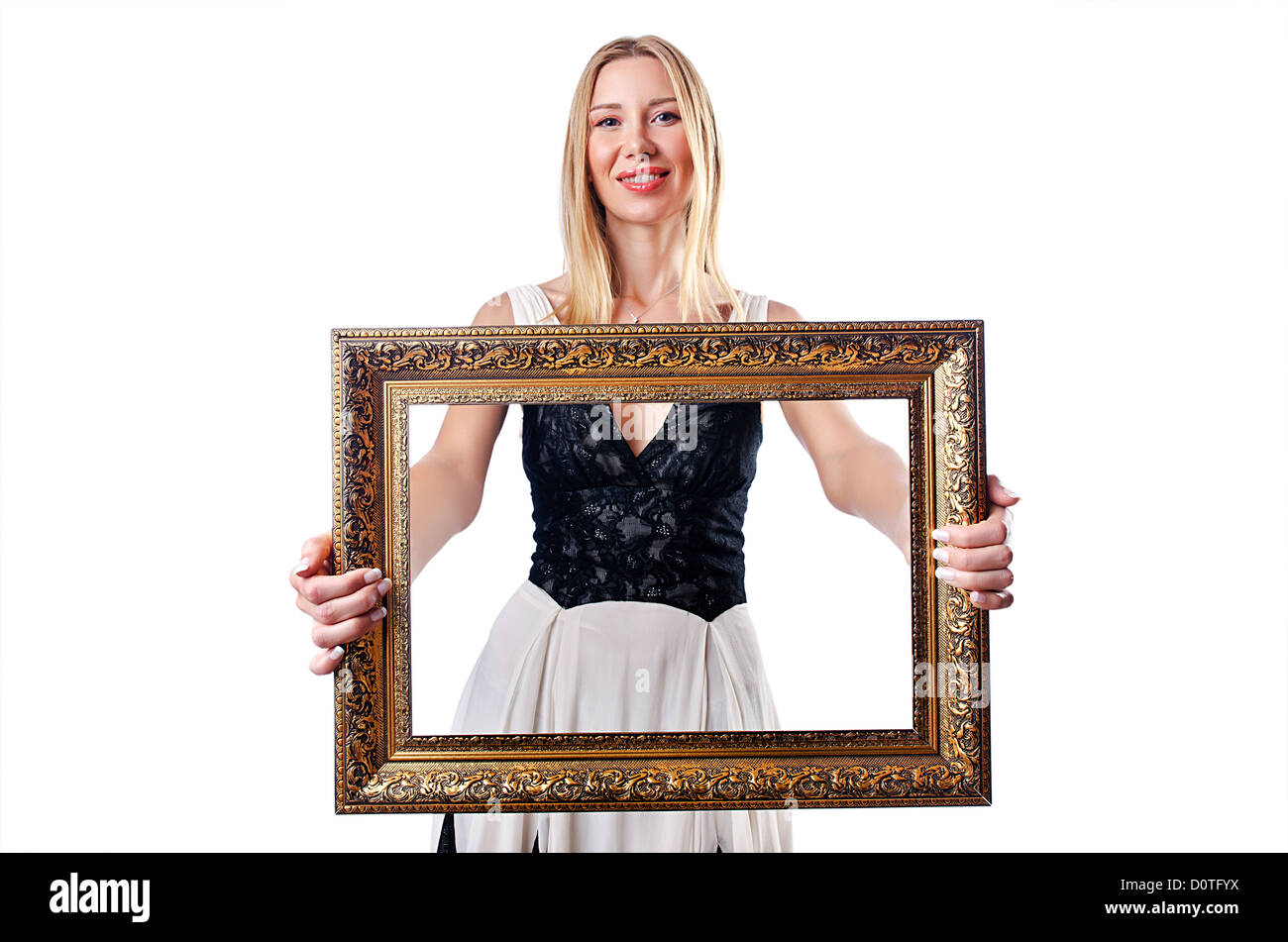 Young woman with picture frame on white Stock Photo - Alamy