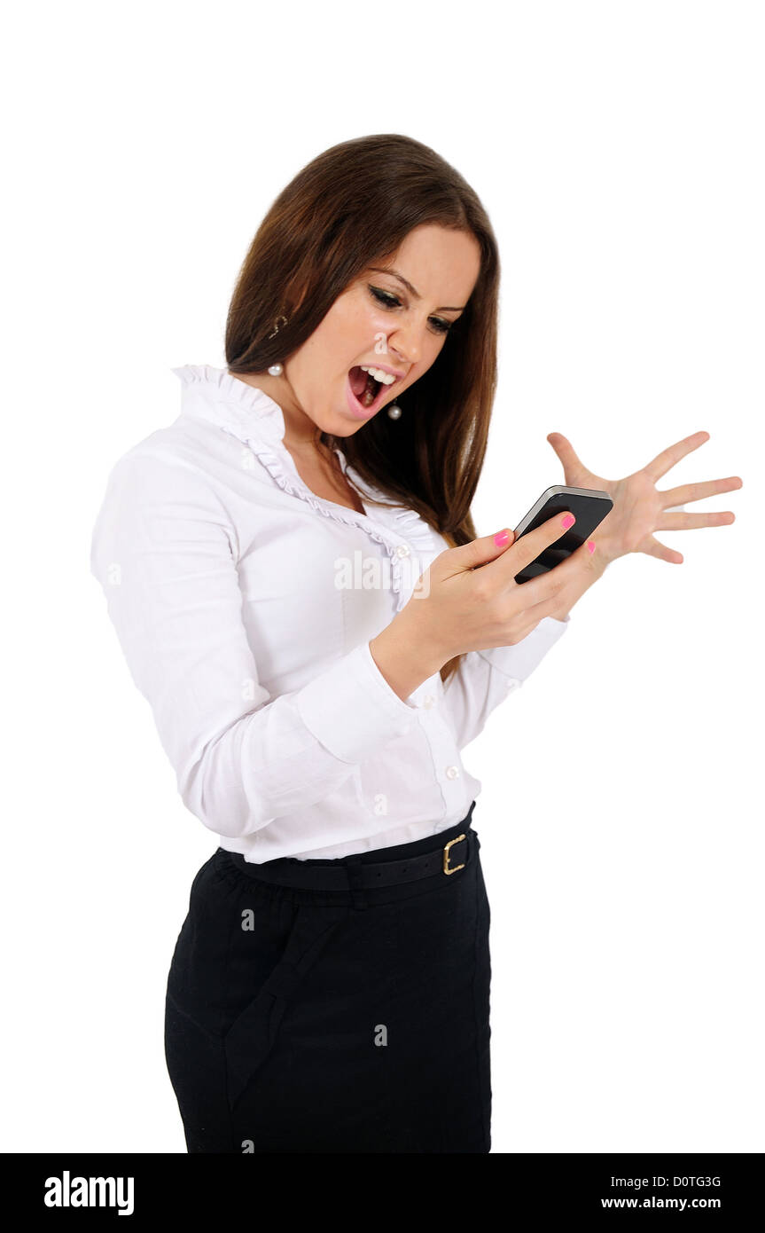 Isolated young business woman screaming at phone Stock Photo - Alamy