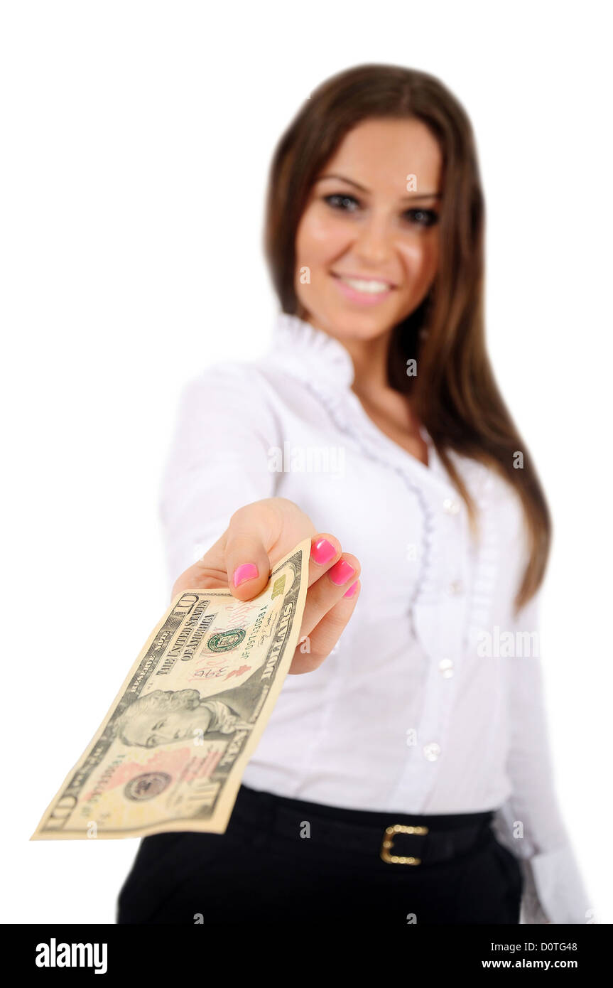 Isolated young business woman give money Stock Photo - Alamy