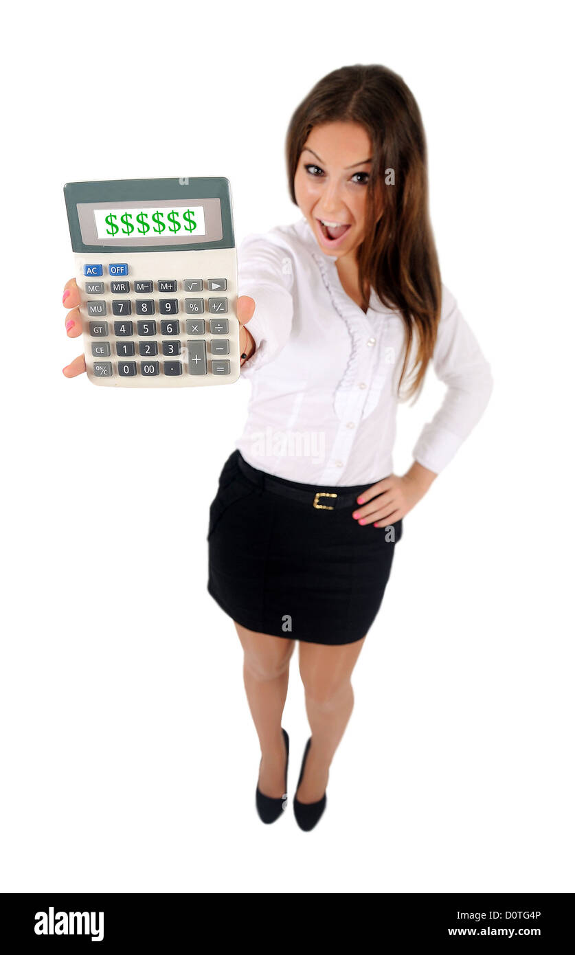 Isolated young business woman showing calculator Stock Photo - Alamy
