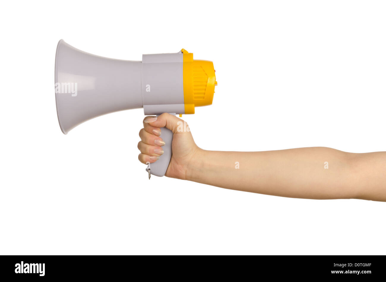 Hand holding loudspeaker on white Stock Photo - Alamy