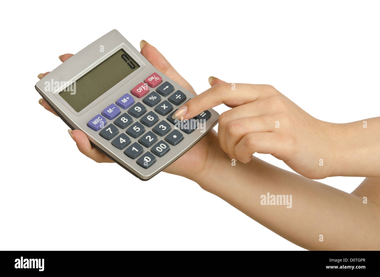 Hand holding calculator on white Stock Photo - Alamy