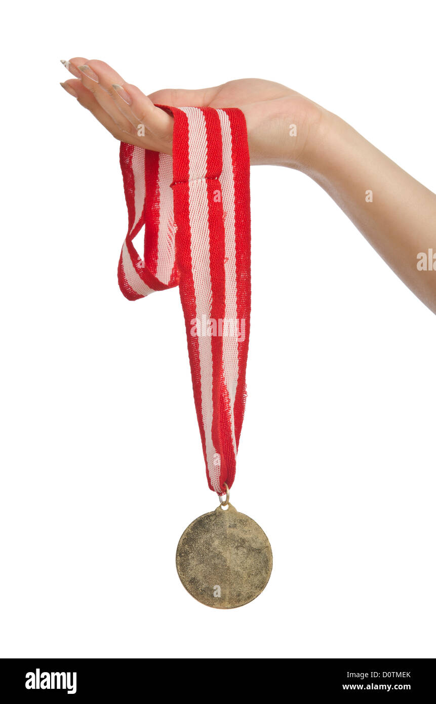 Hand holding gold medal on white Stock Photo - Alamy