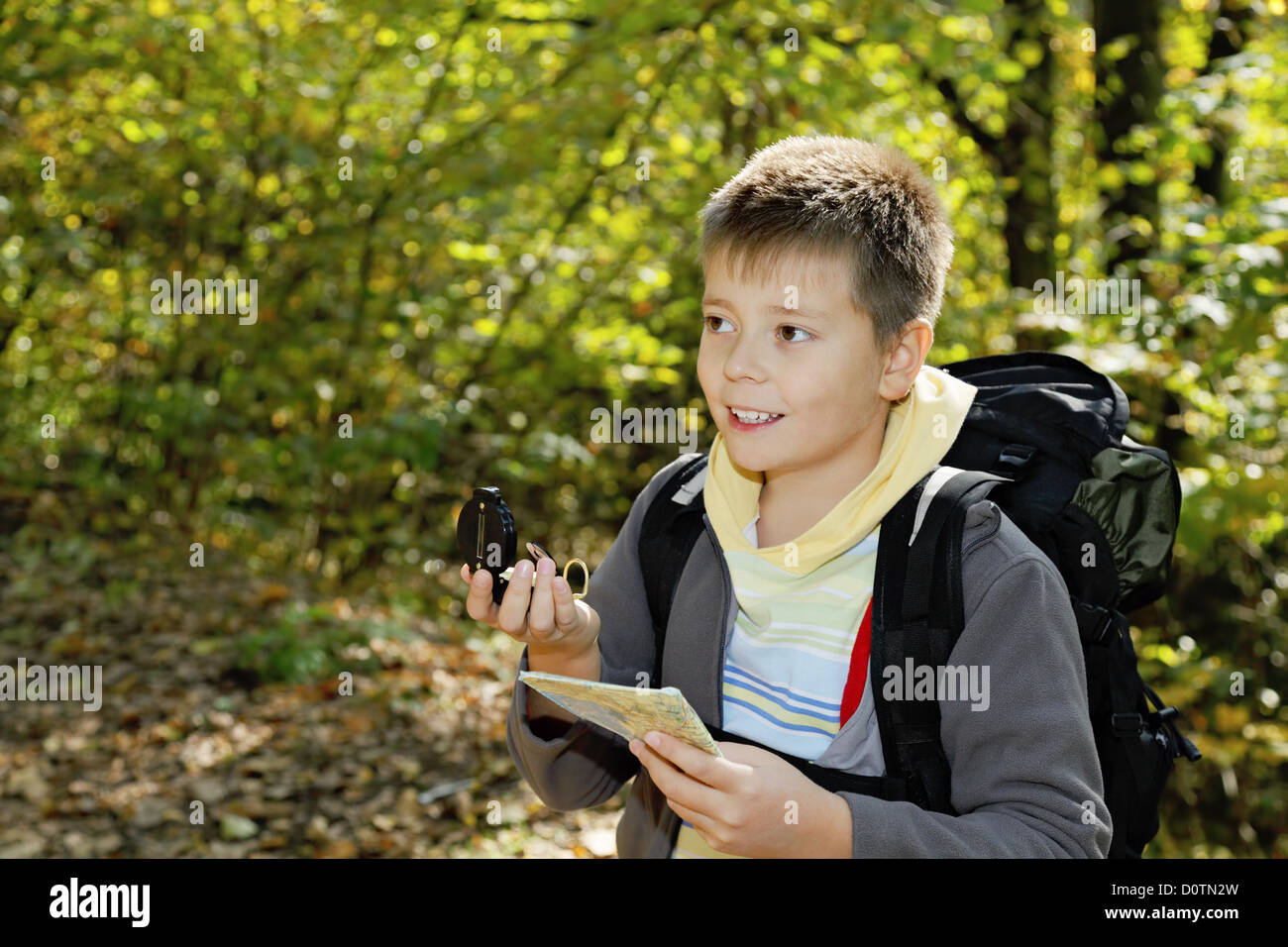 Smiling boy orienteering in forest Stock Photo - Alamy