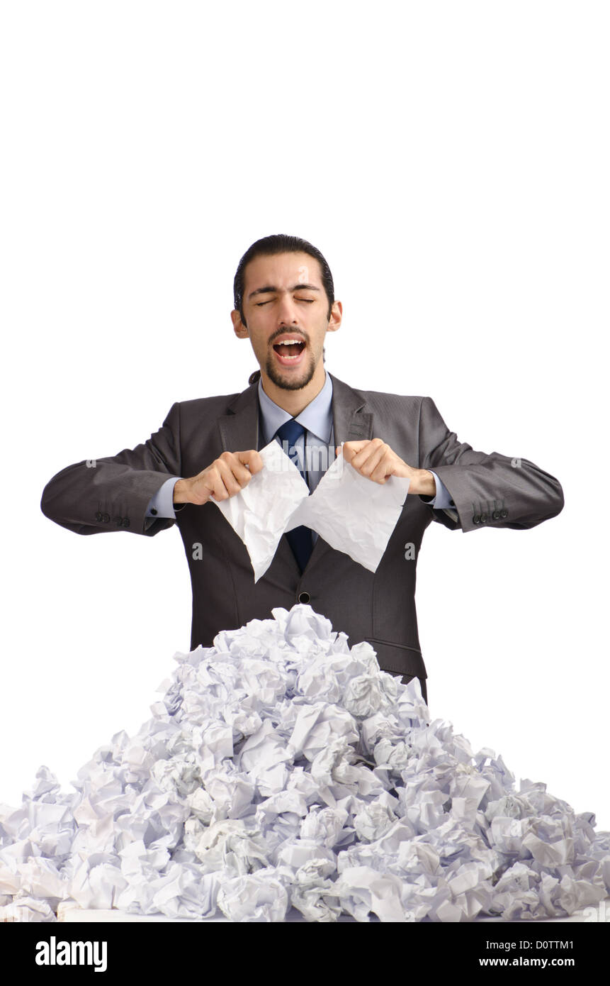 Man with lots of waste paper Stock Photo - Alamy