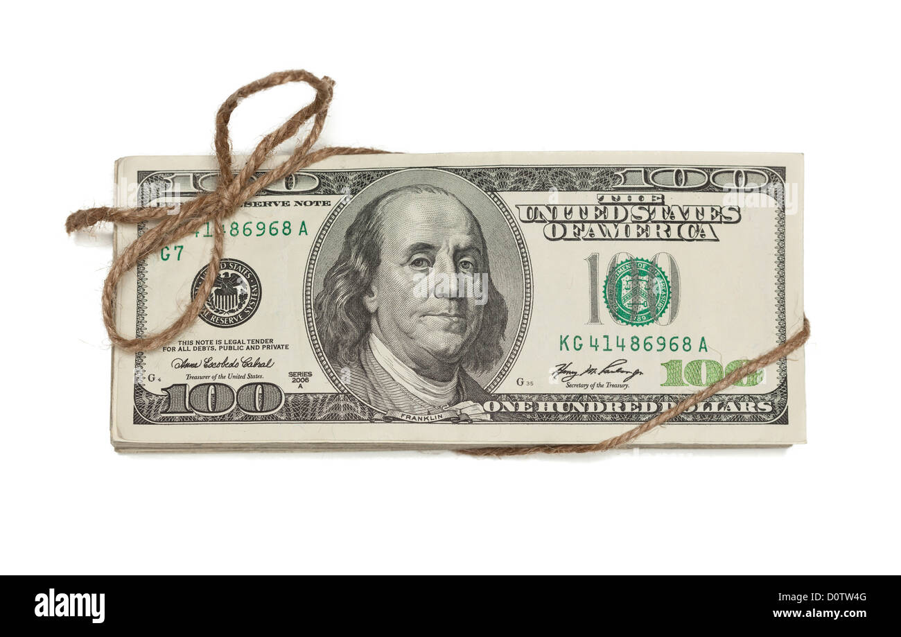 Stack of One Hundred Dollar Bills Tied in a Burlap String Isolated on a ...