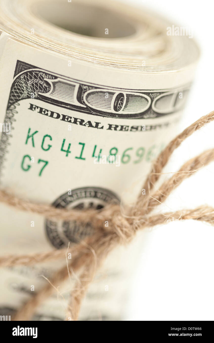 Roll of One Hundred Dollar Bills Tied in Burlap String Isolated on a ...