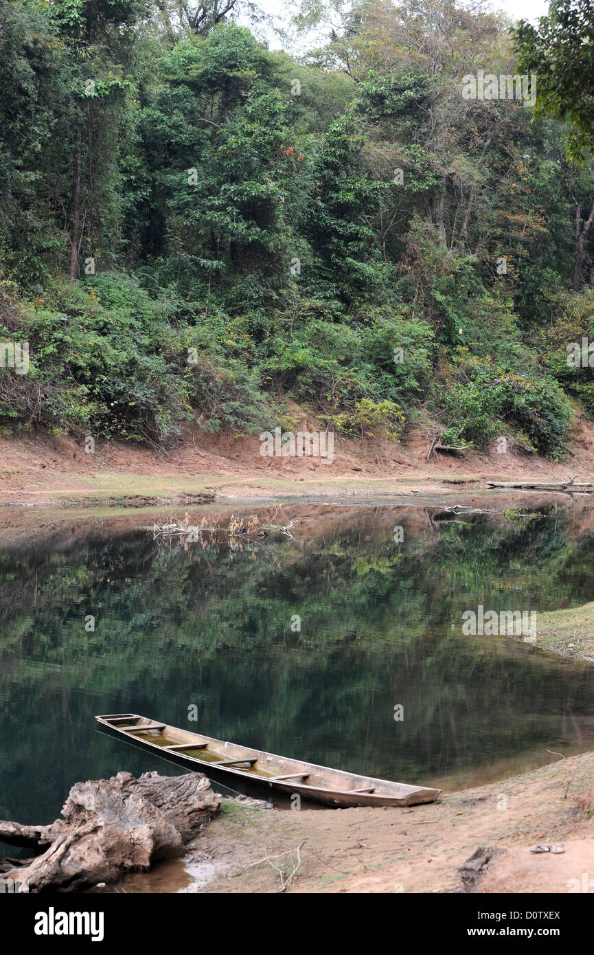 Laos, Asia, bank Kong Lo, river, flow, Tham Kong Lo, boat, scenery ...