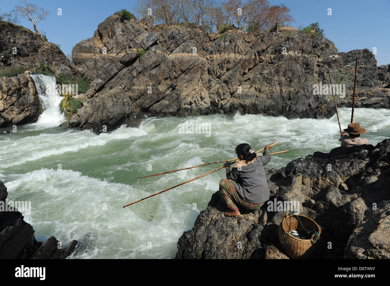 Laos, Asia, Don Khon, Mekong, river, flow, children, fishing, 4000 ...